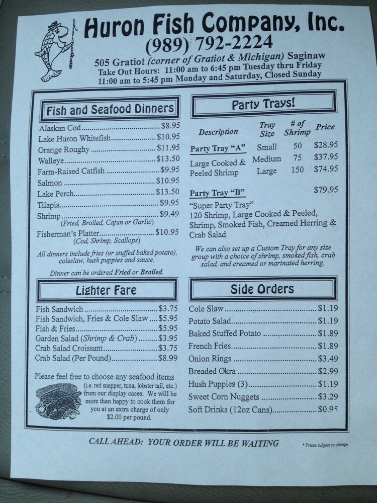 Menu at Huron Fish restaurant, Saginaw