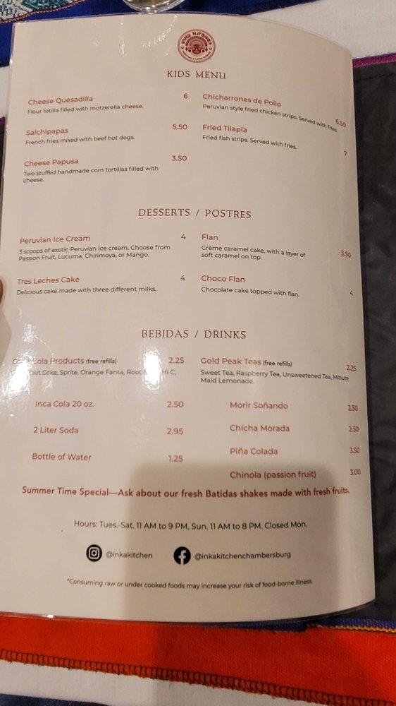 Menu at Inka Kitchen restaurant, Chambersburg, 811 Wayne Ave