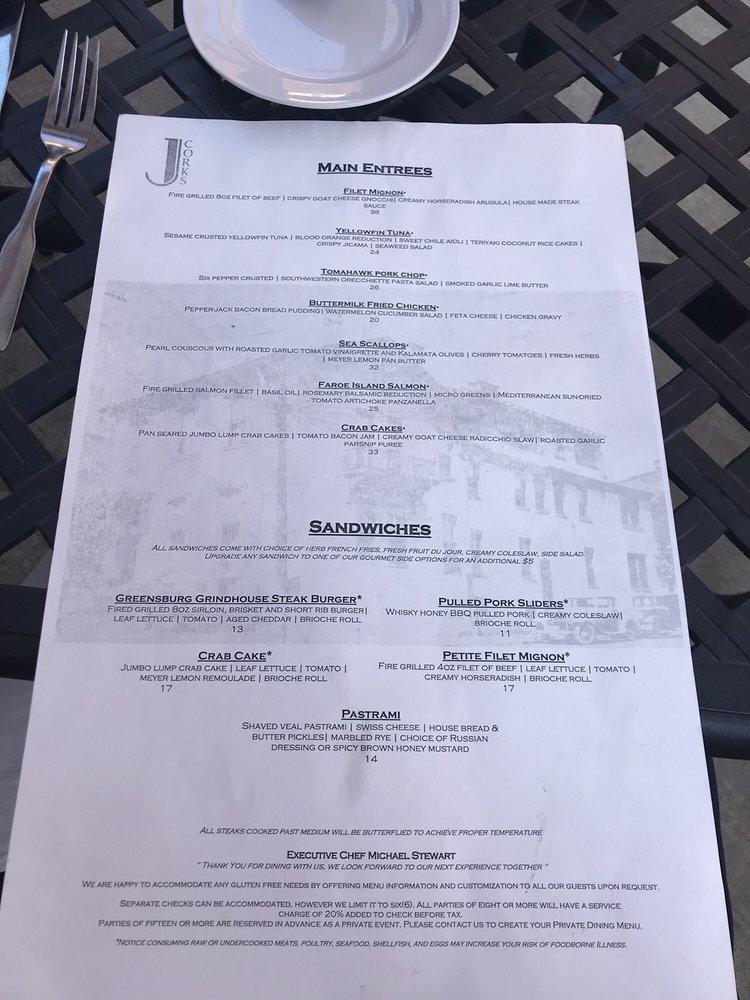Menu at J. Corks pub & bar, Greensburg, 25 E Pittsburgh St