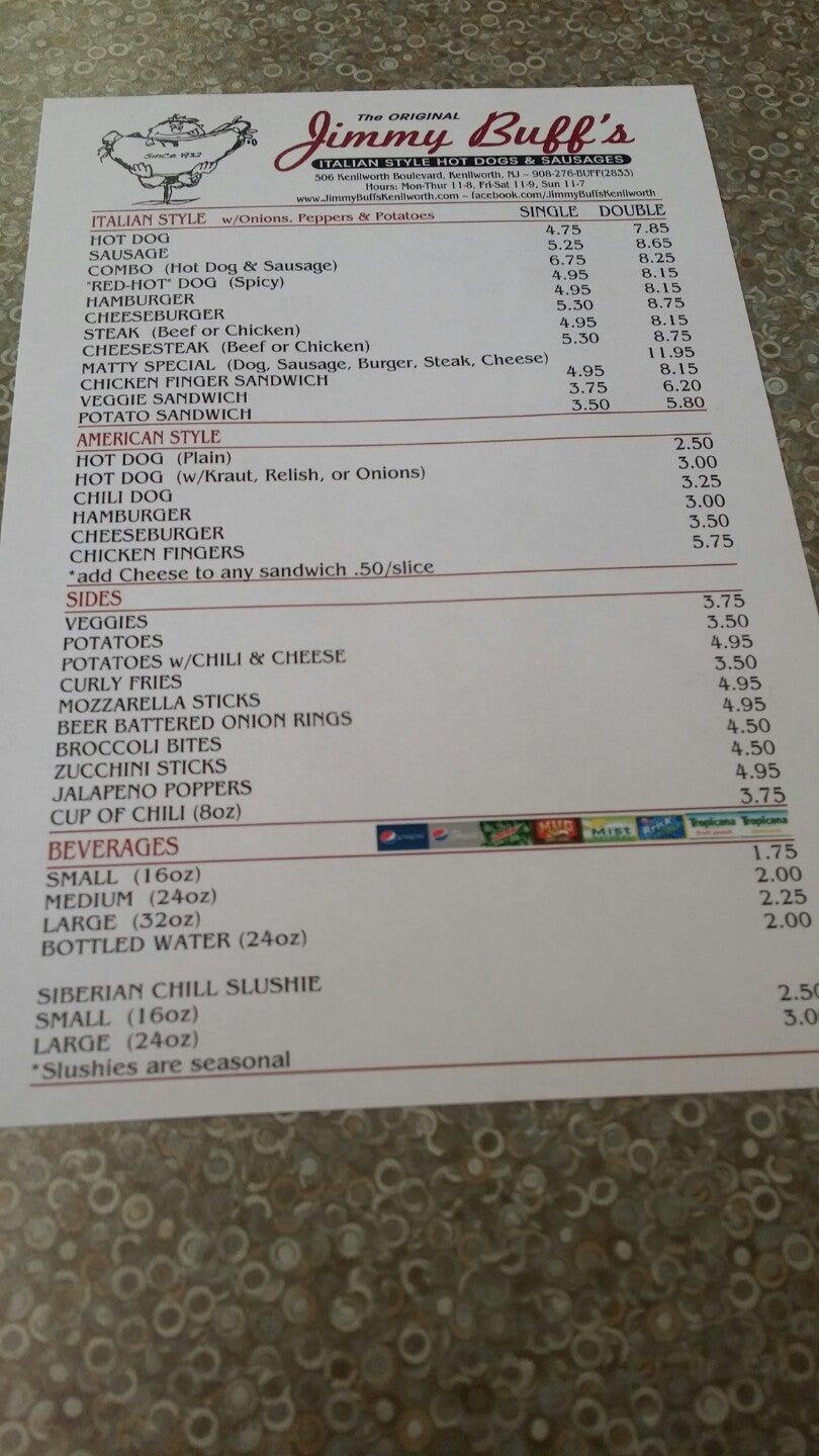 Menu at Jimmy Buff's Italian Hot Dogs restaurant, Kenilworth