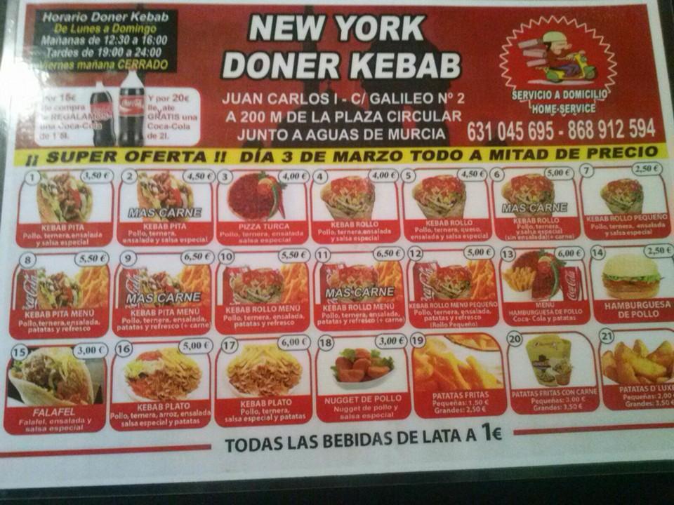 Menu at New York Doner Kebab restaurant, Murcia, C. Galileo