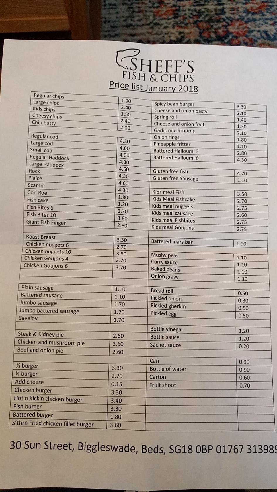 Menu at Sheff's Fish & Chips fast food, Biggleswade
