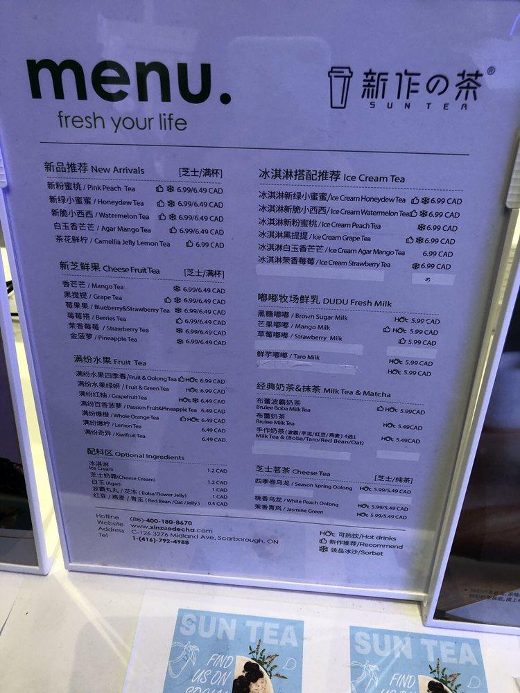Menu at Sun Tea, Toronto
