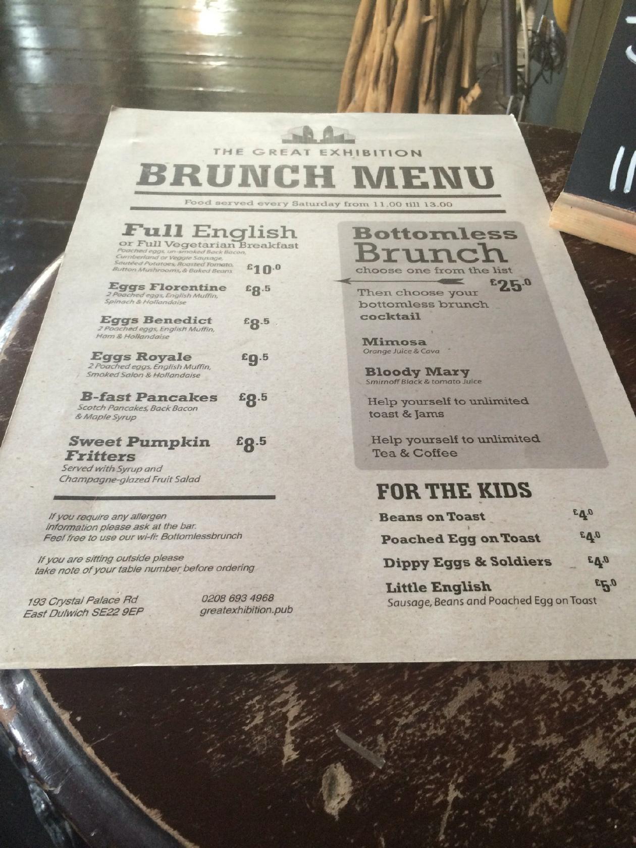 Menu at The Great Exhibition pub & bar, London