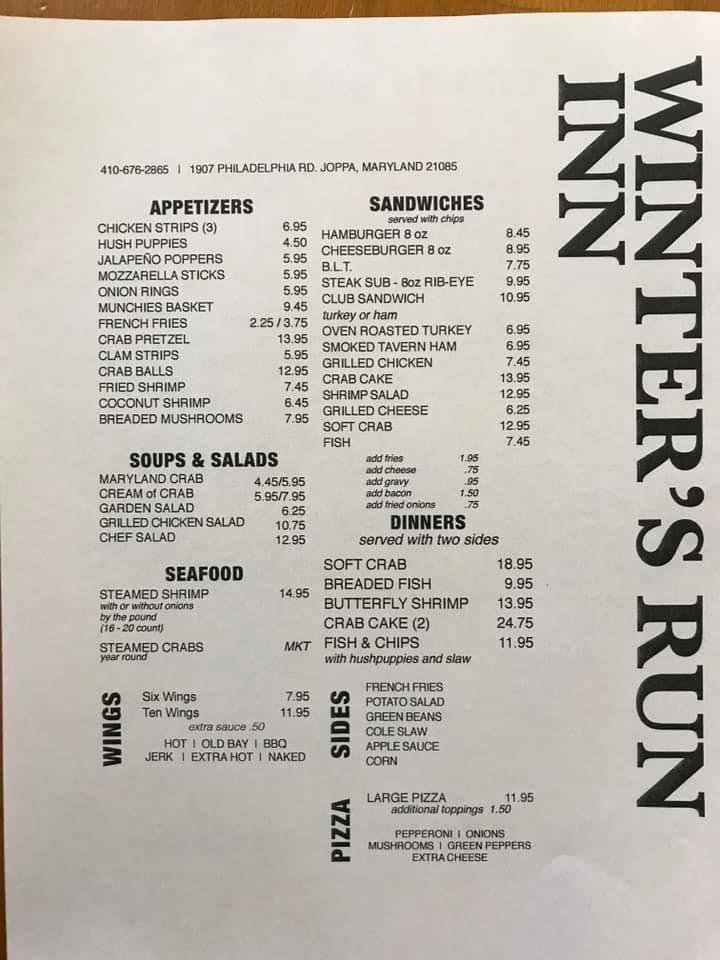 Menu at Winters Run Inn Inc restaurant, Edgewood