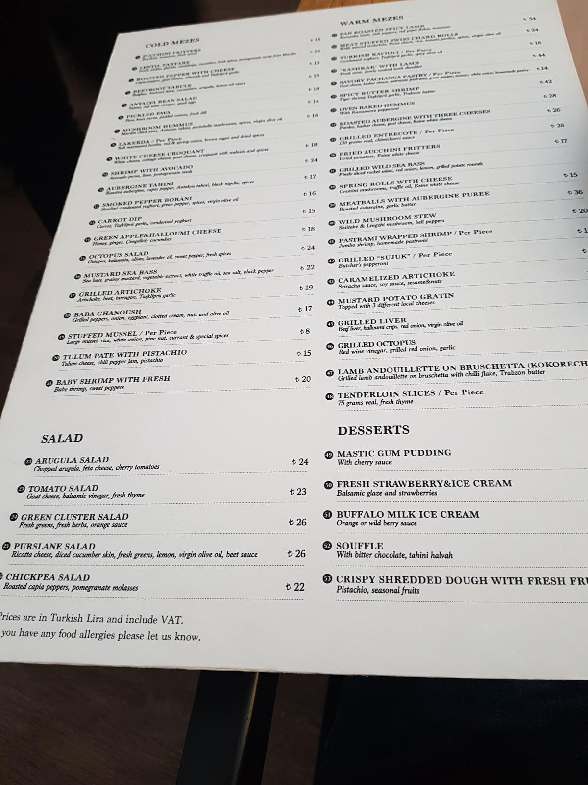 Menu at Duble Meze Bar, Istanbul, Palazzo Donizetti Hotel
