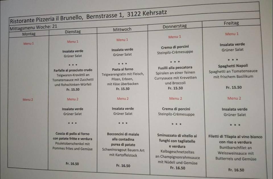 Speisekarte von Ristorante Il Brunello, Kehrsatz