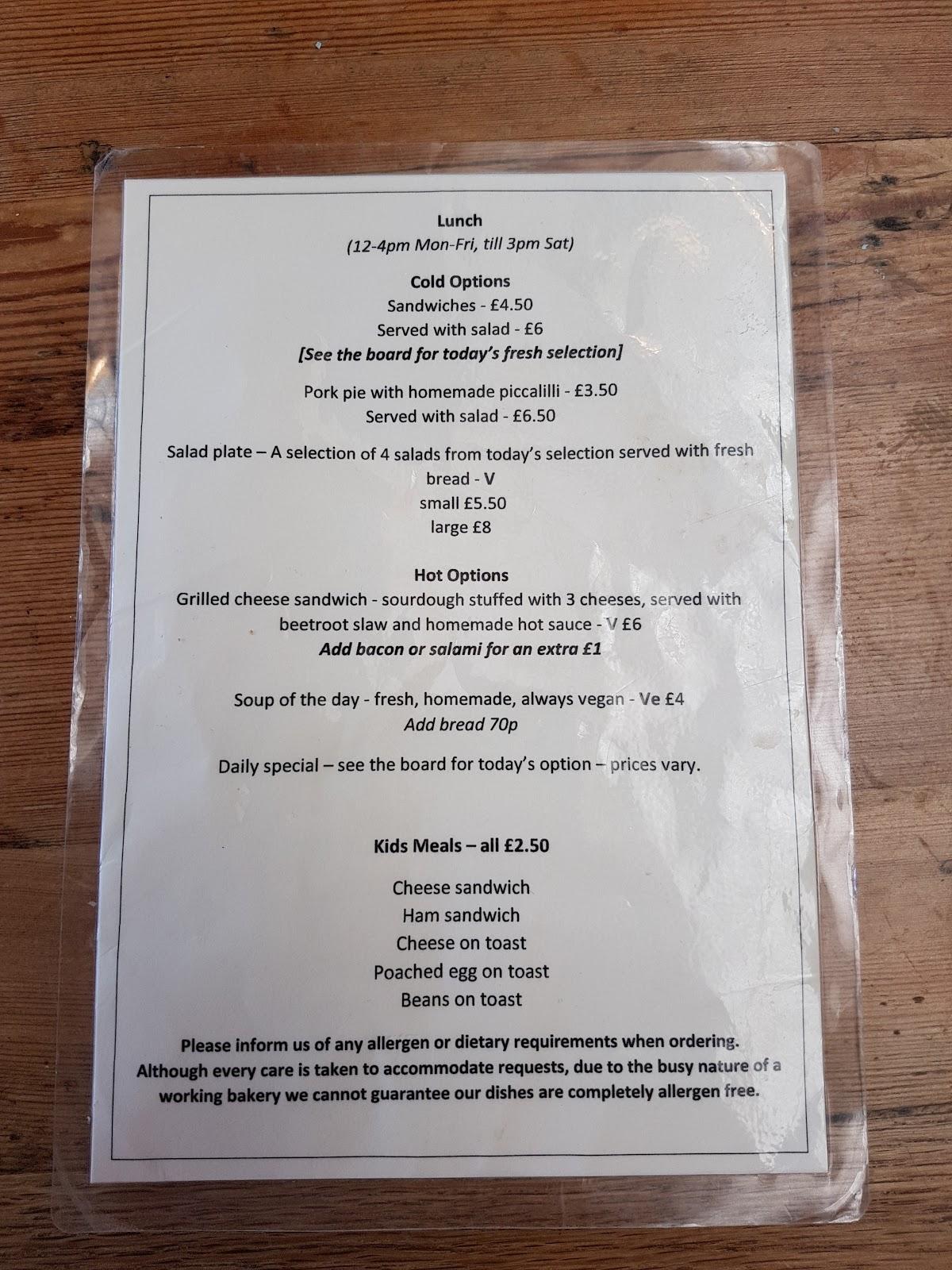 Menu at Mark's Bread cafe, Bristol