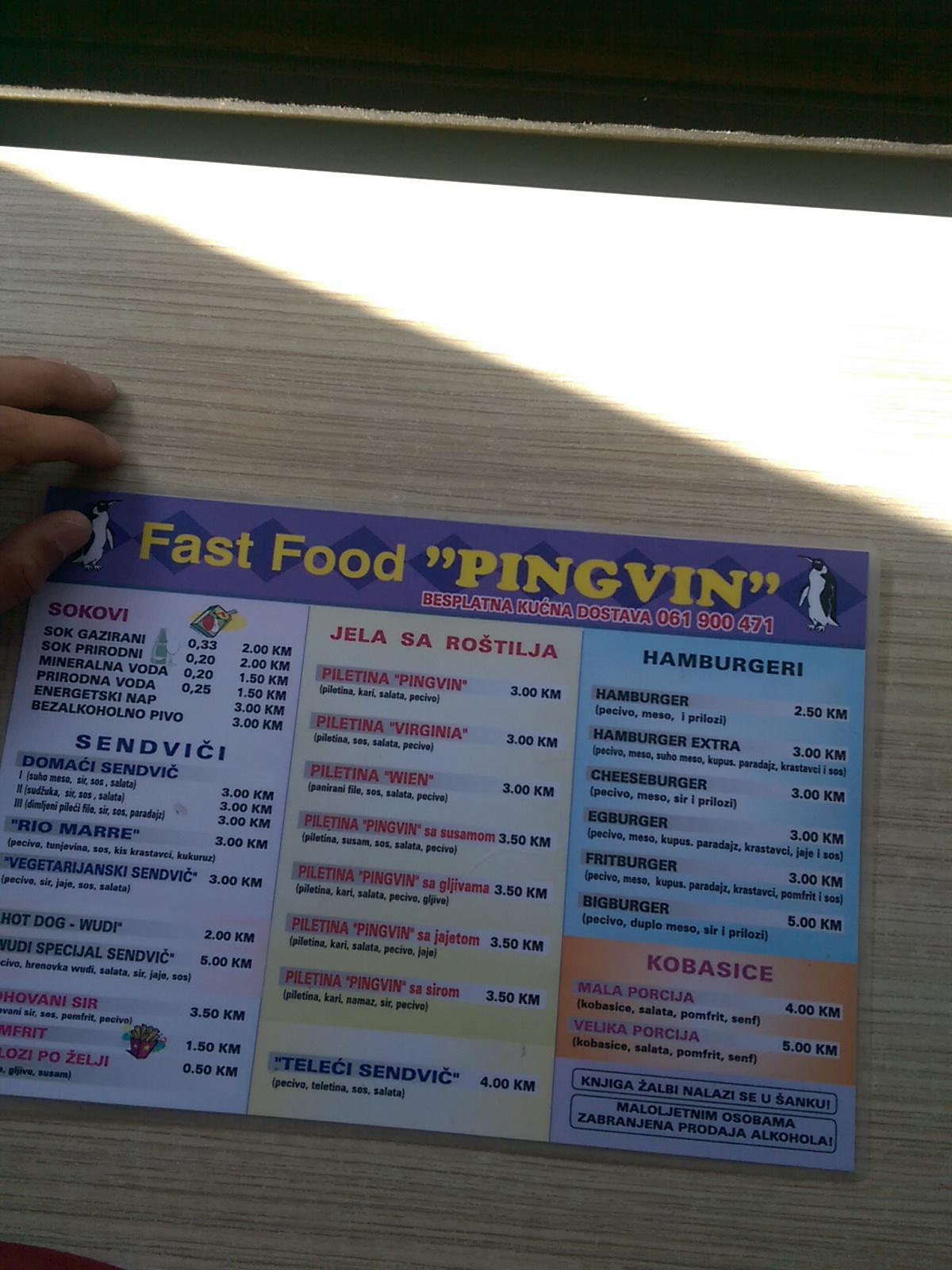 Menu at Pingvin restaurant, Sarajevo, Maršala Tita 33