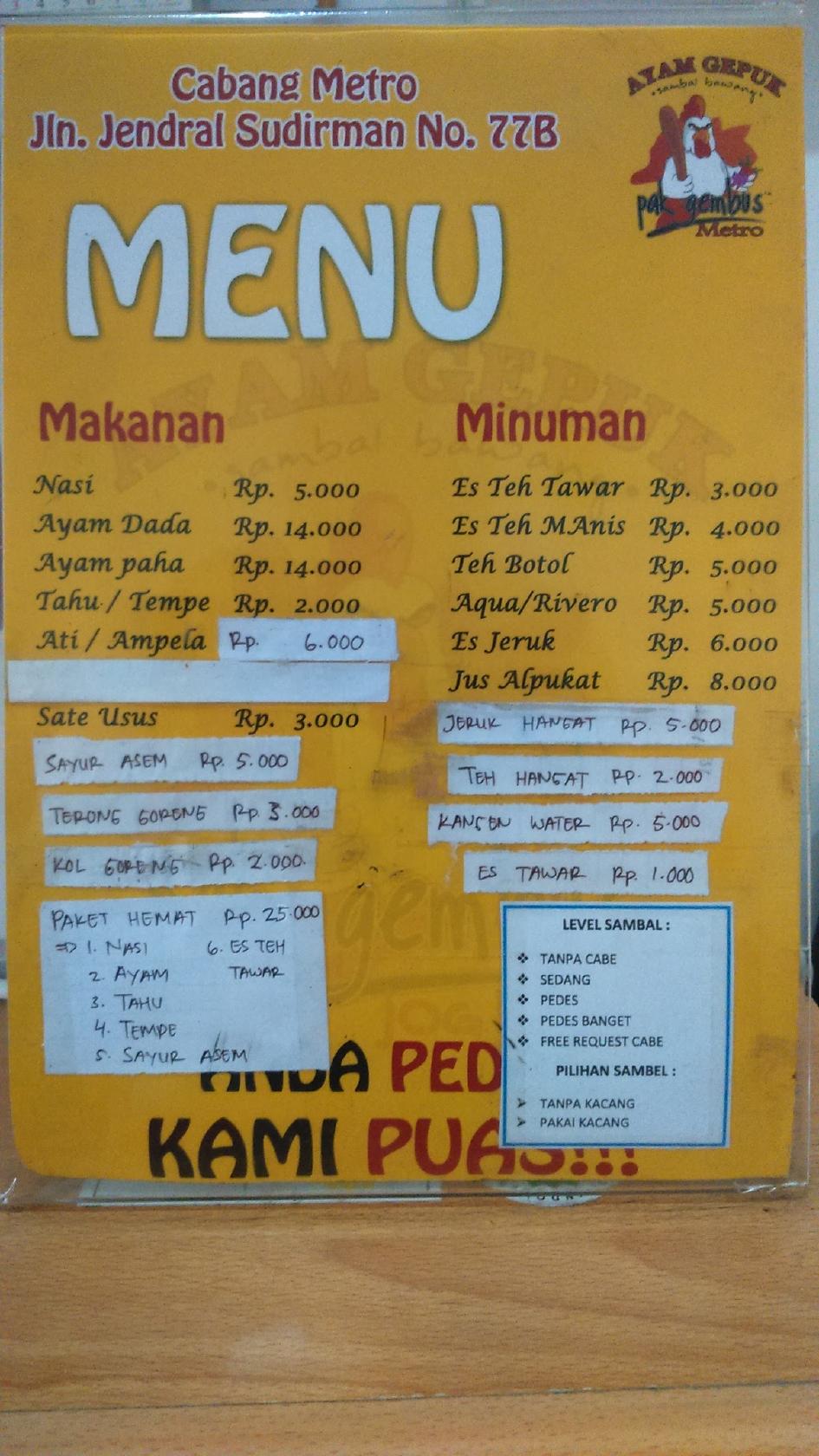 Menu at Ayam Gepuk Pak Gembus Metro restaurant, Metro