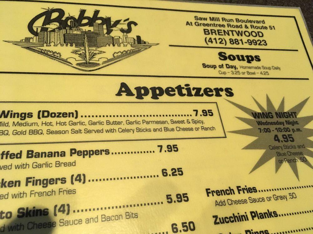 Menu at Bobby's Lounge pub & bar, Pittsburgh, Saw Mill Run Blvd