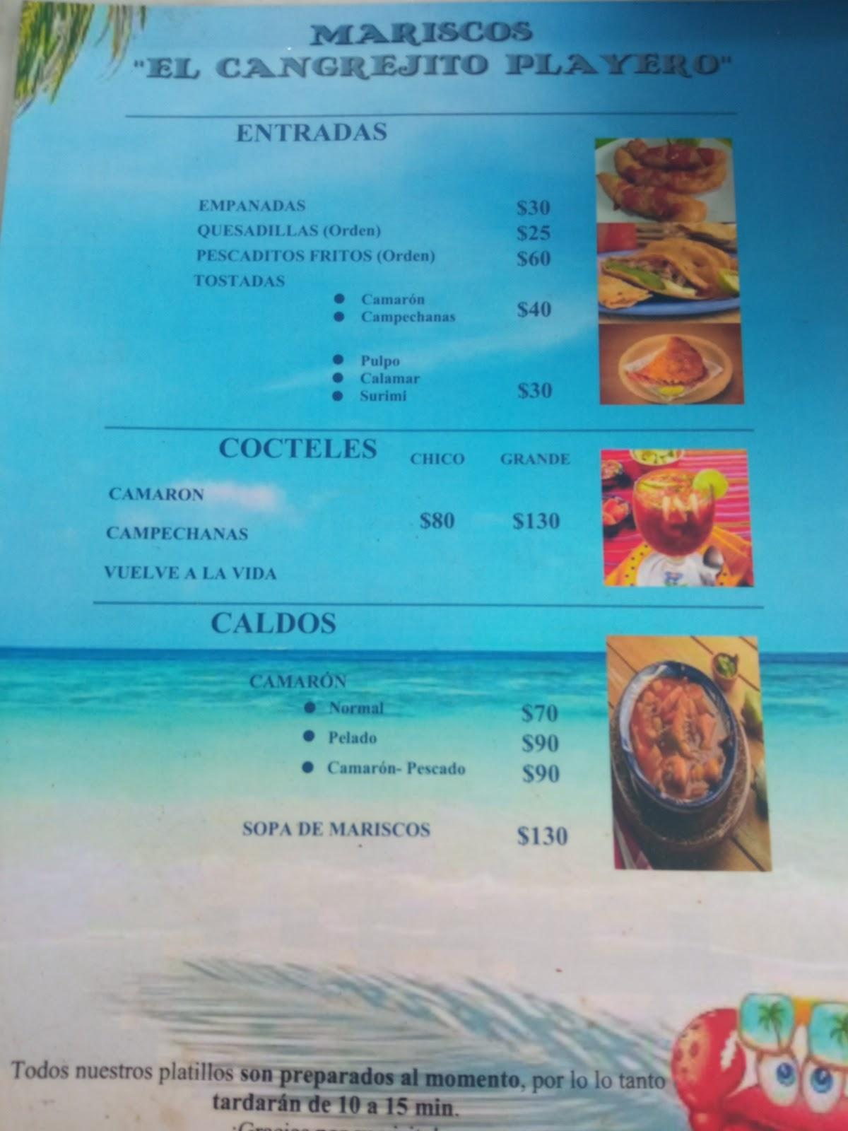 Menu at Cangrejito playero restaurant, Mexico