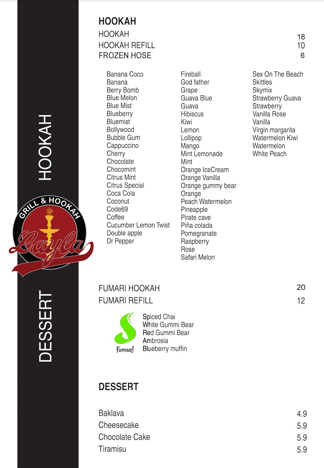 Menu at Layla Grill & Hookah pub & bar, Las Vegas