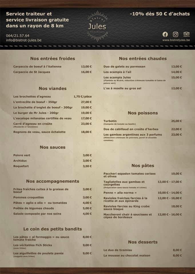 Menu at Le Bistrot Jules, La Louvière, Pl. Jules Mansart 23