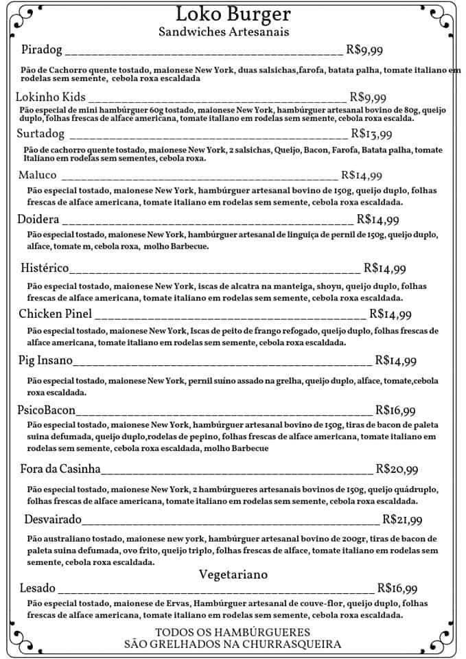 Menu at Loko Burger PG restaurant, Ponta Grossa