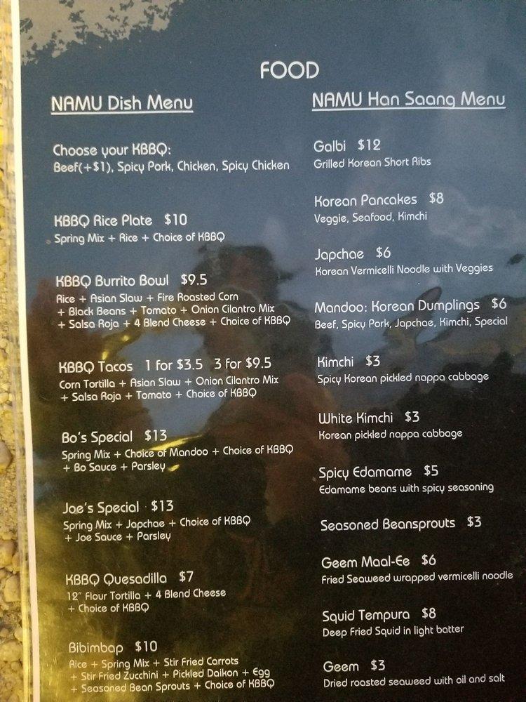 Carta de Namu Korean Eats, Beer Hall & Coffee Bar, Durham