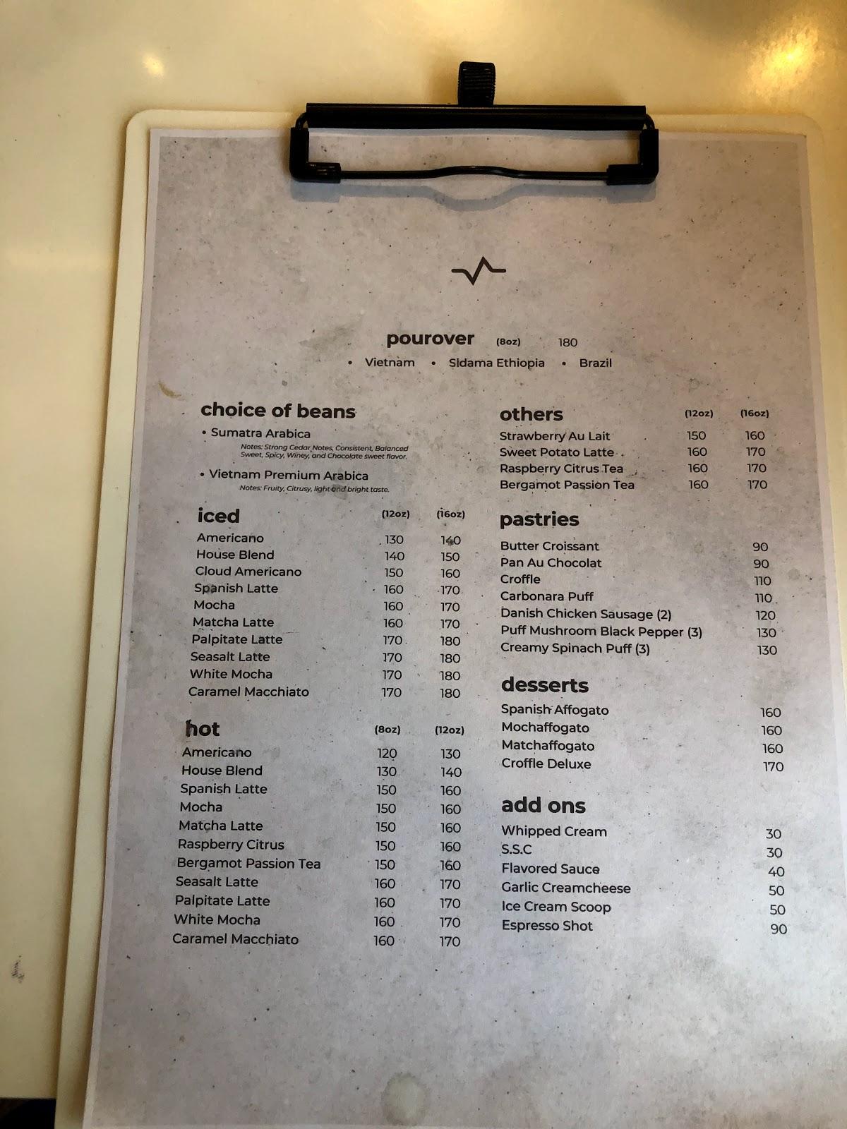 Menu at Palpitate Coffee, Quezon City