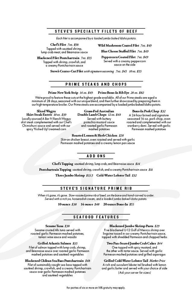 Menu at Steve Fields Steakhouse, Plano