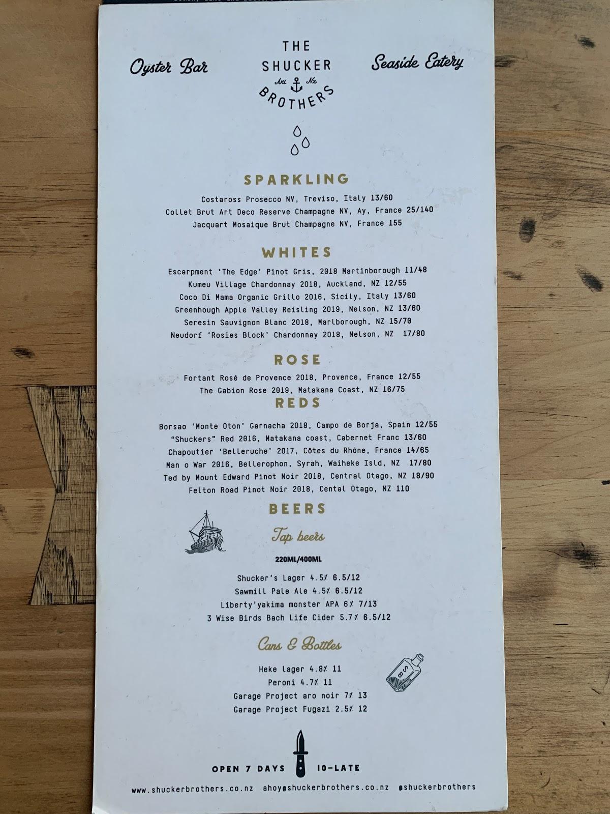 Menu at The Shucker Brothers restaurant, Auckland