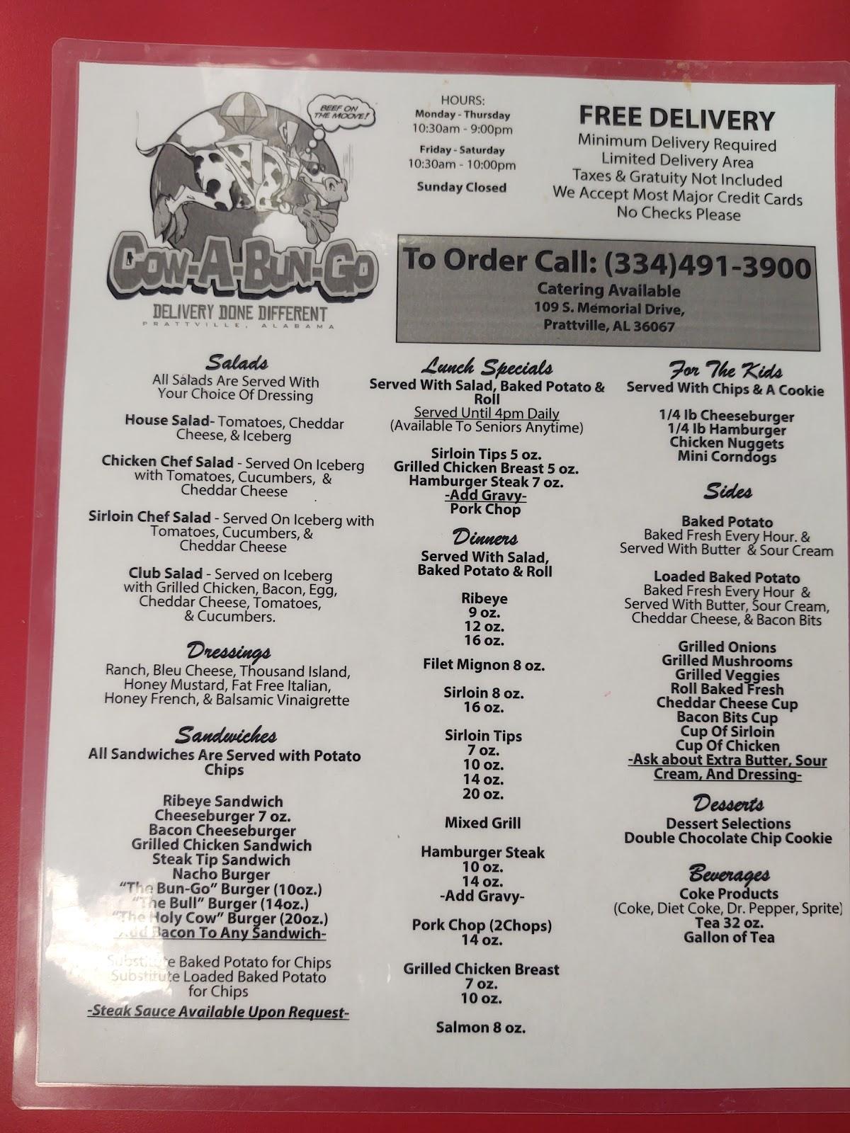 Menu at Cow-A-Bun-Go steakhouse, Prattville