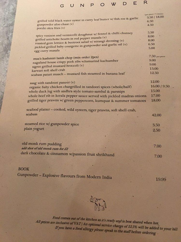Menu at Gunpowder Tower Bridge restaurant, London, 4 Duchess Walk