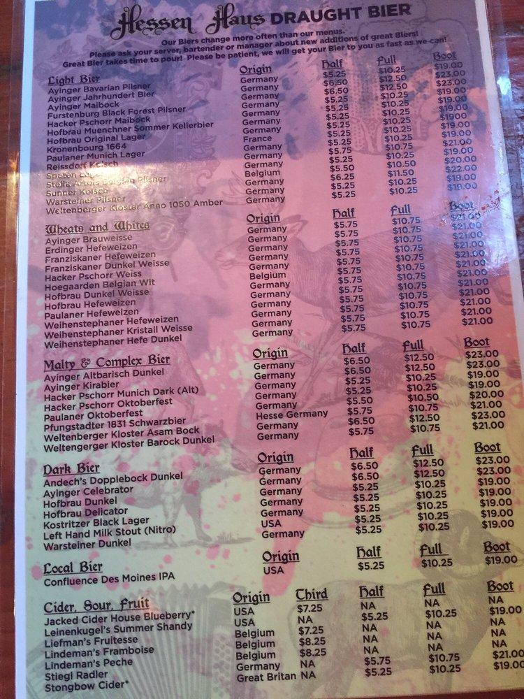 Menu at Hessen Haus pub & bar, Des Moines