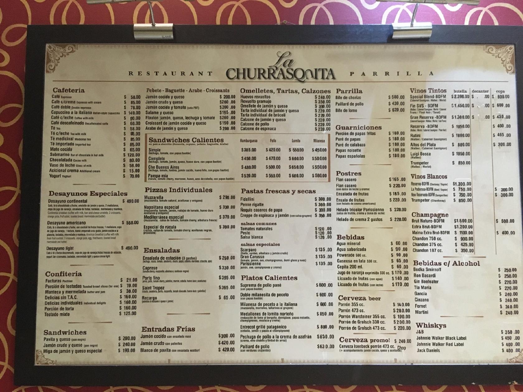 Menu at La churrasquita restaurant, Ezeiza