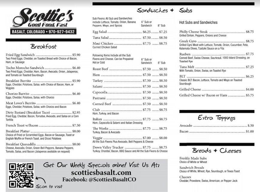 Menu at Scottie's restaurant, Basalt