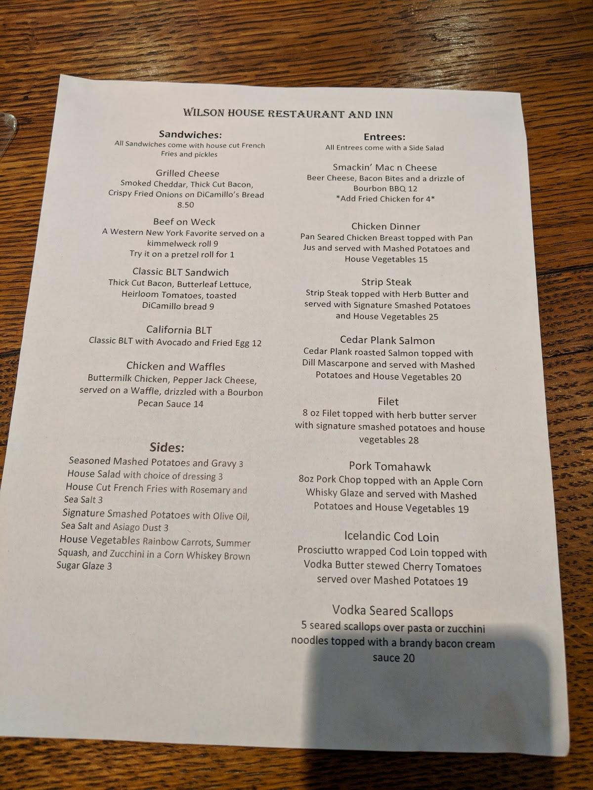 Menu at Wilson House Restaurant and Inn, Wilson