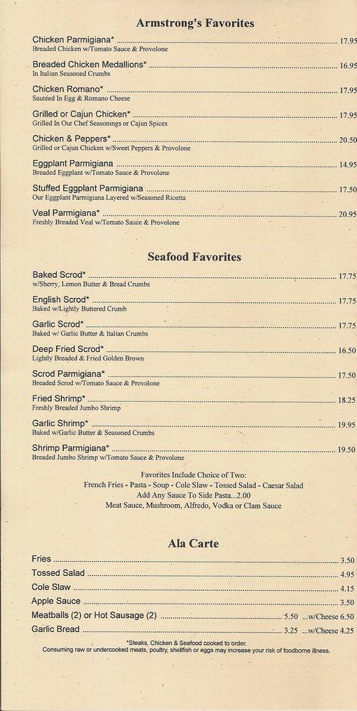 Menu at Armstrong's Express restaurant, Bridgeville