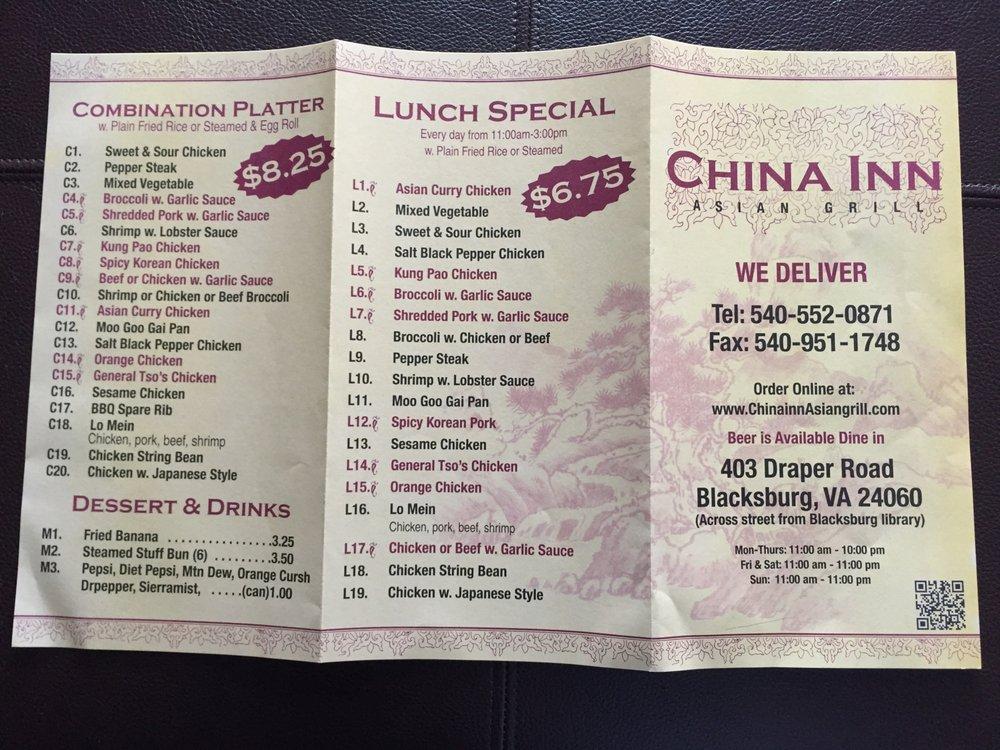 Menu at China Inn restaurant, Blacksburg