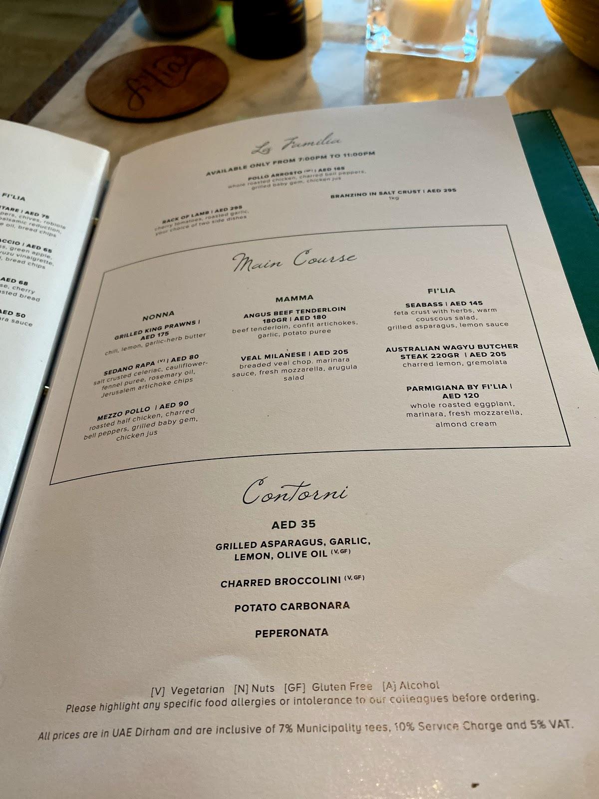 Carta del restaurante Fi'lia, Dubai