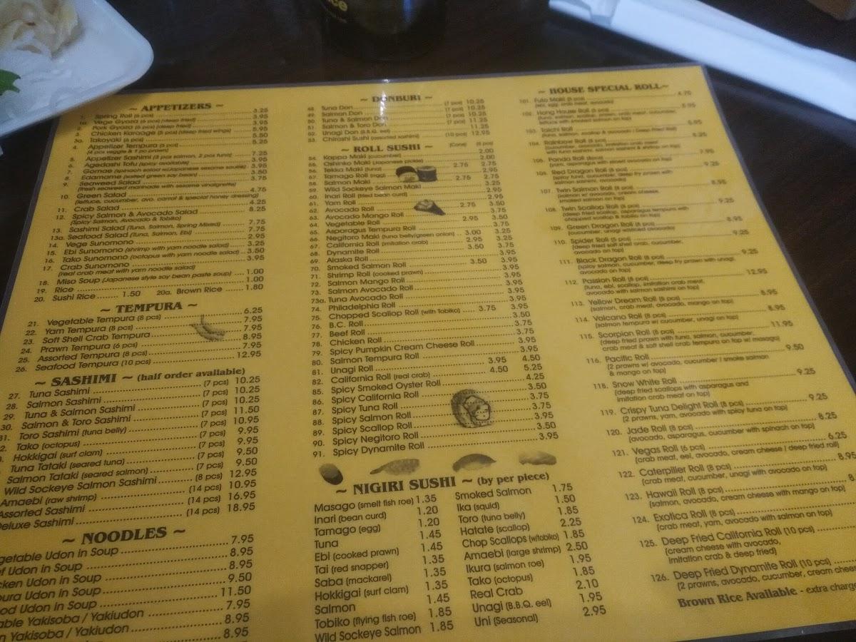 Menu at Hong Sushi restaurant, Burnaby
