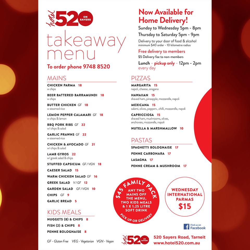 Menu at Hotel520 restaurant, Tarneit