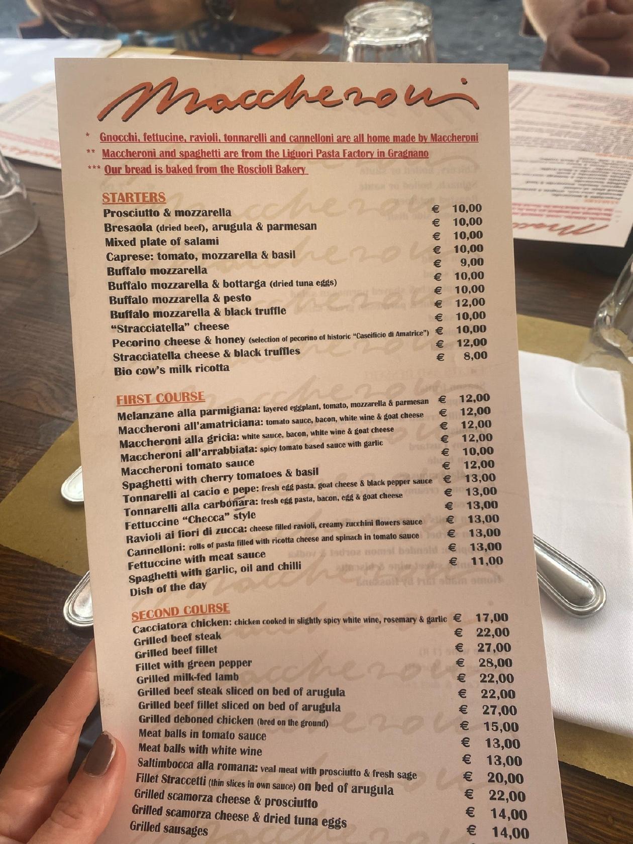 Menu at Maccheroni restaurant, Rome, Piazza delle Coppelle