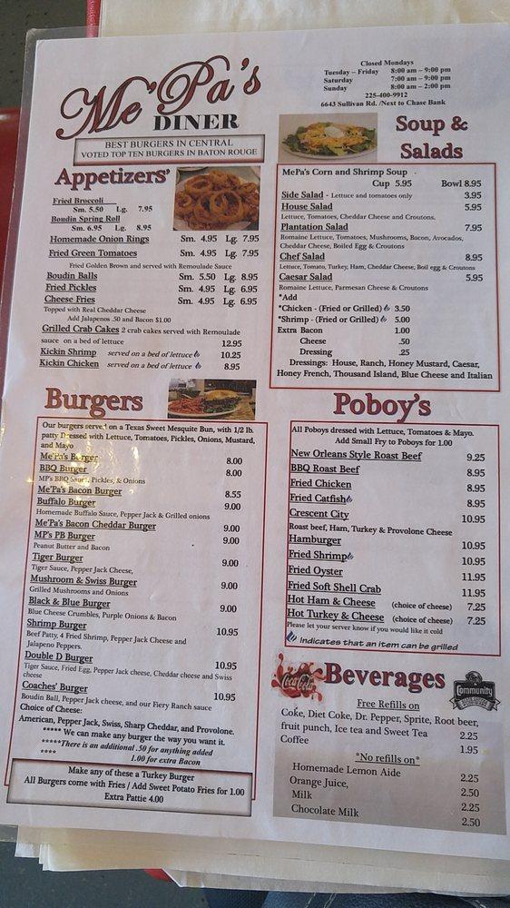 Menu at Me'Pa's Diner restaurant, Central
