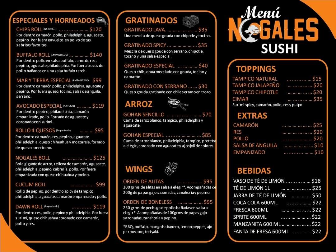 Menu at Nogales sushi restaurant, Culiacán