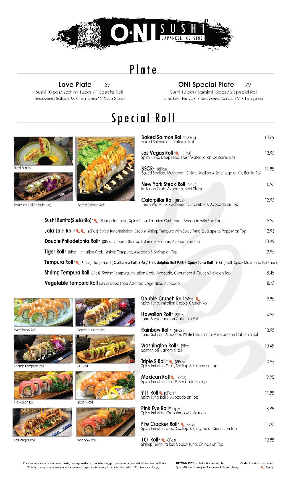 Menu at Oni sushi restaurant, Claremont