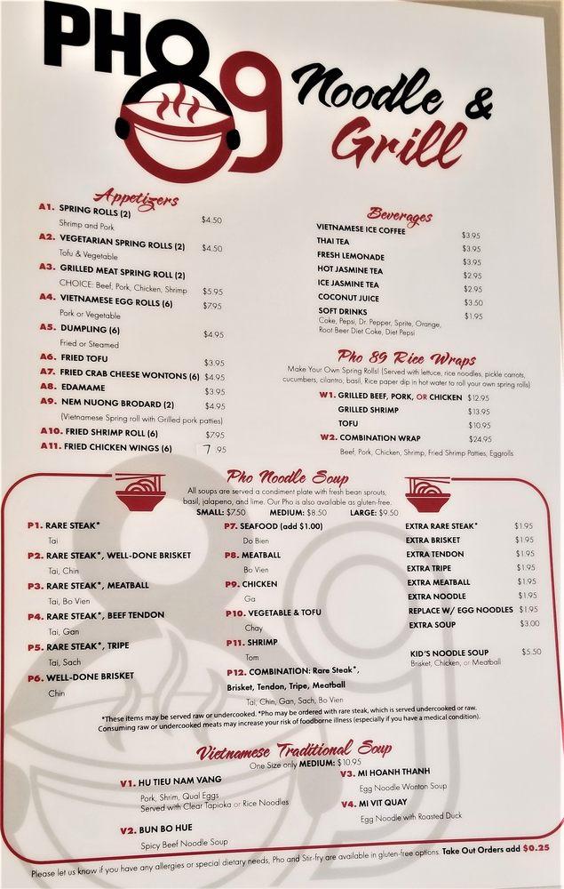 Menu at Phở 89 restaurant, Denver
