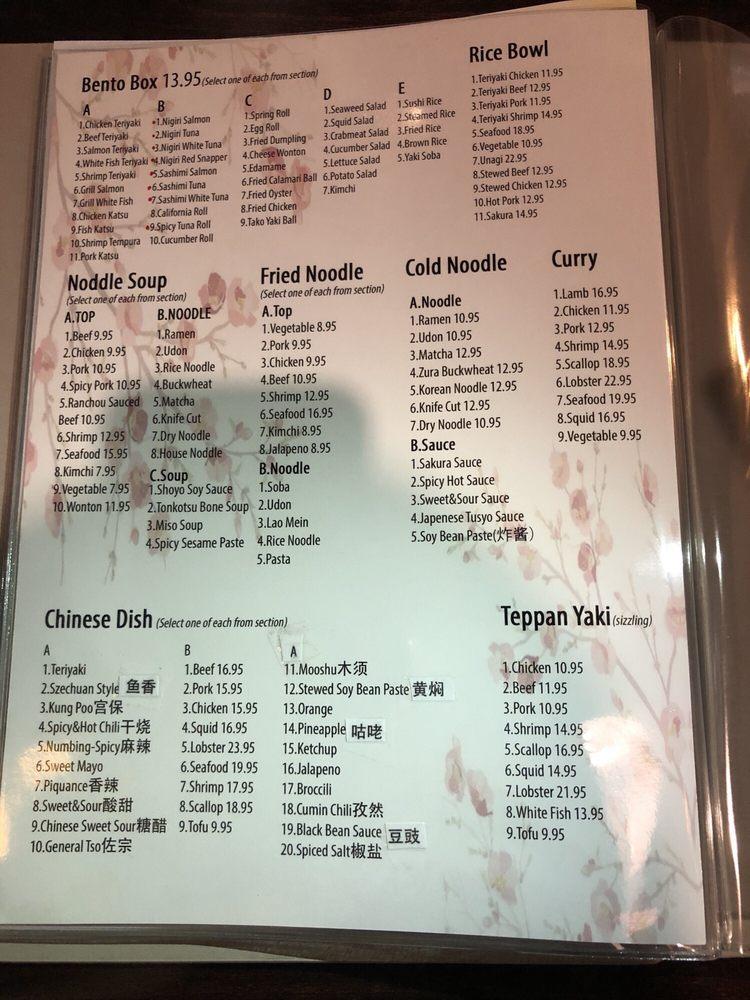 Menu at Sakura Noodle House & Sushi Bar, Lubbock