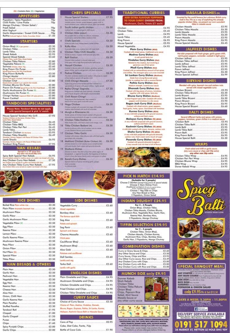 Menu at Spicy Balti fast food, Houghton le Spring