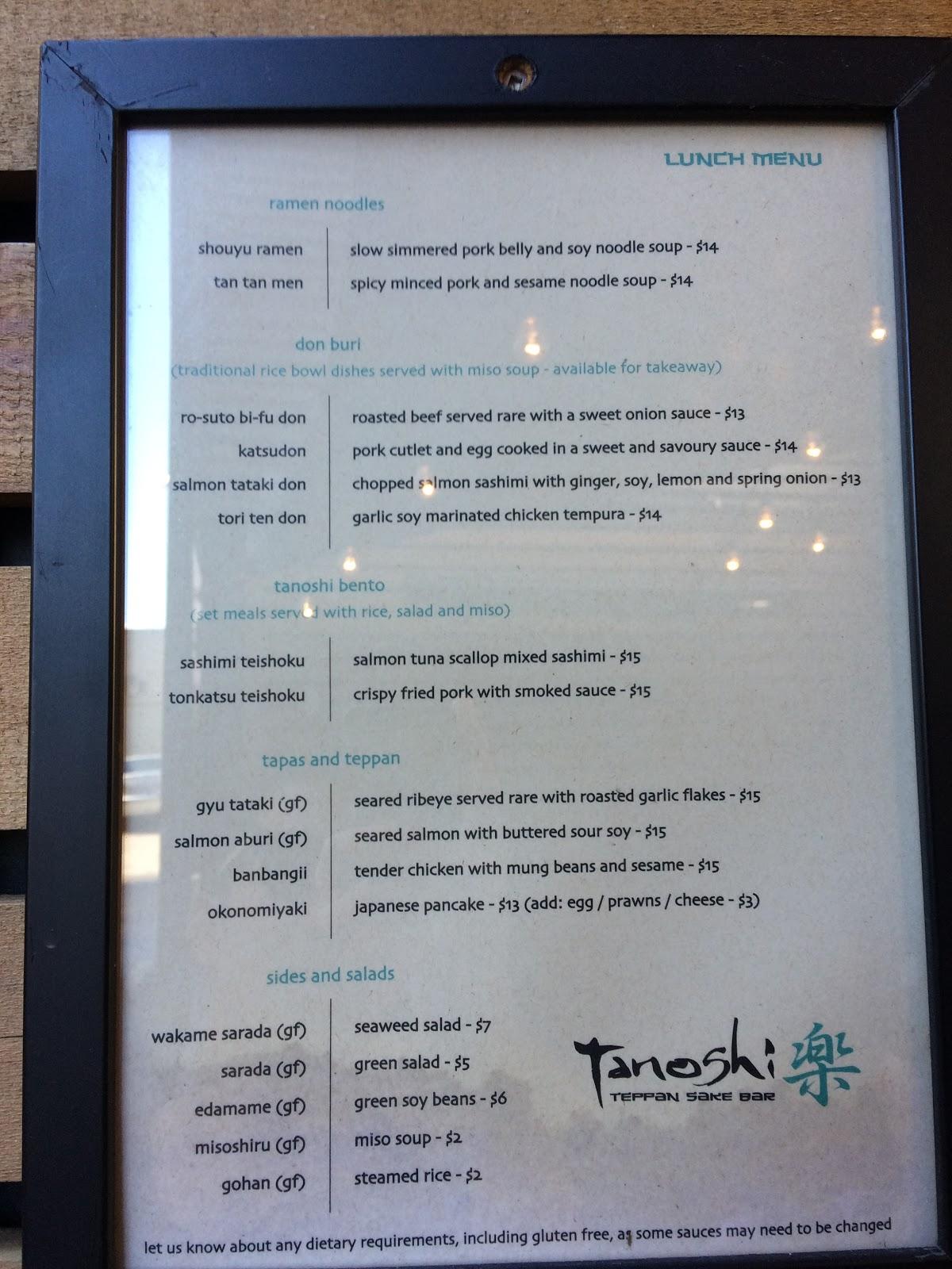 Carta del restaurante Tanoshi Cow Lane, Queenstown