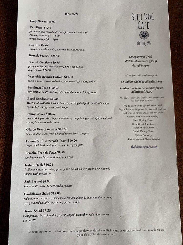 Menu at The Bleu Dog Cafe, Red Wing, Welch Trail