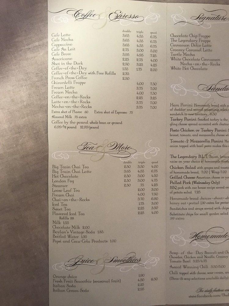 Menu at The Legendary Grind cafe, Middlebury