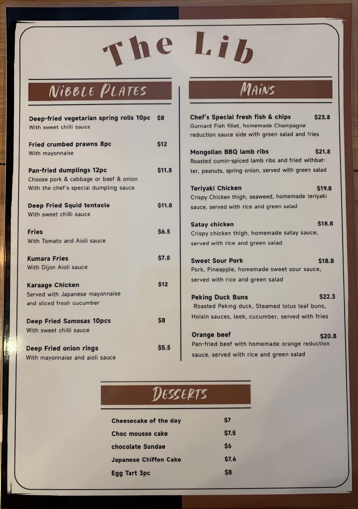 Menu at The Lib Bistro restaurant, Palmerston North