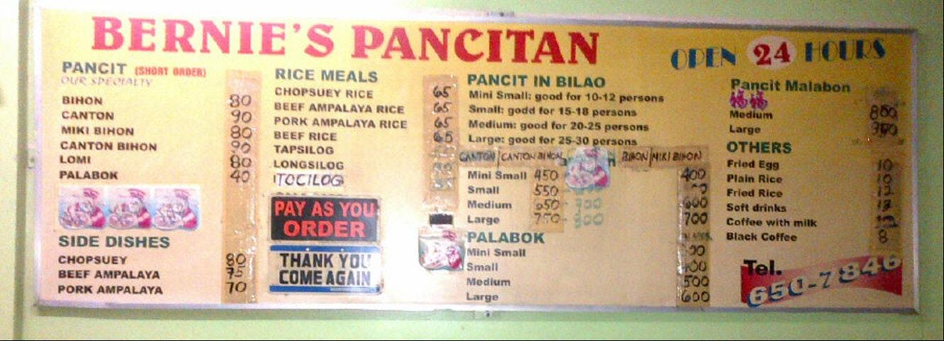 Menu at Bernies Pancitan restaurant, Antipolo