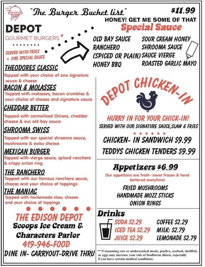 Menu at Edison Depot restaurant, Edison