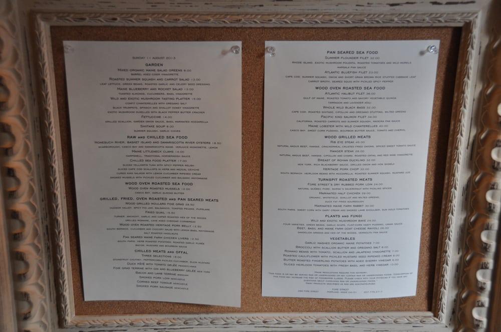 Menu at Fore Street Restaurant, Portland