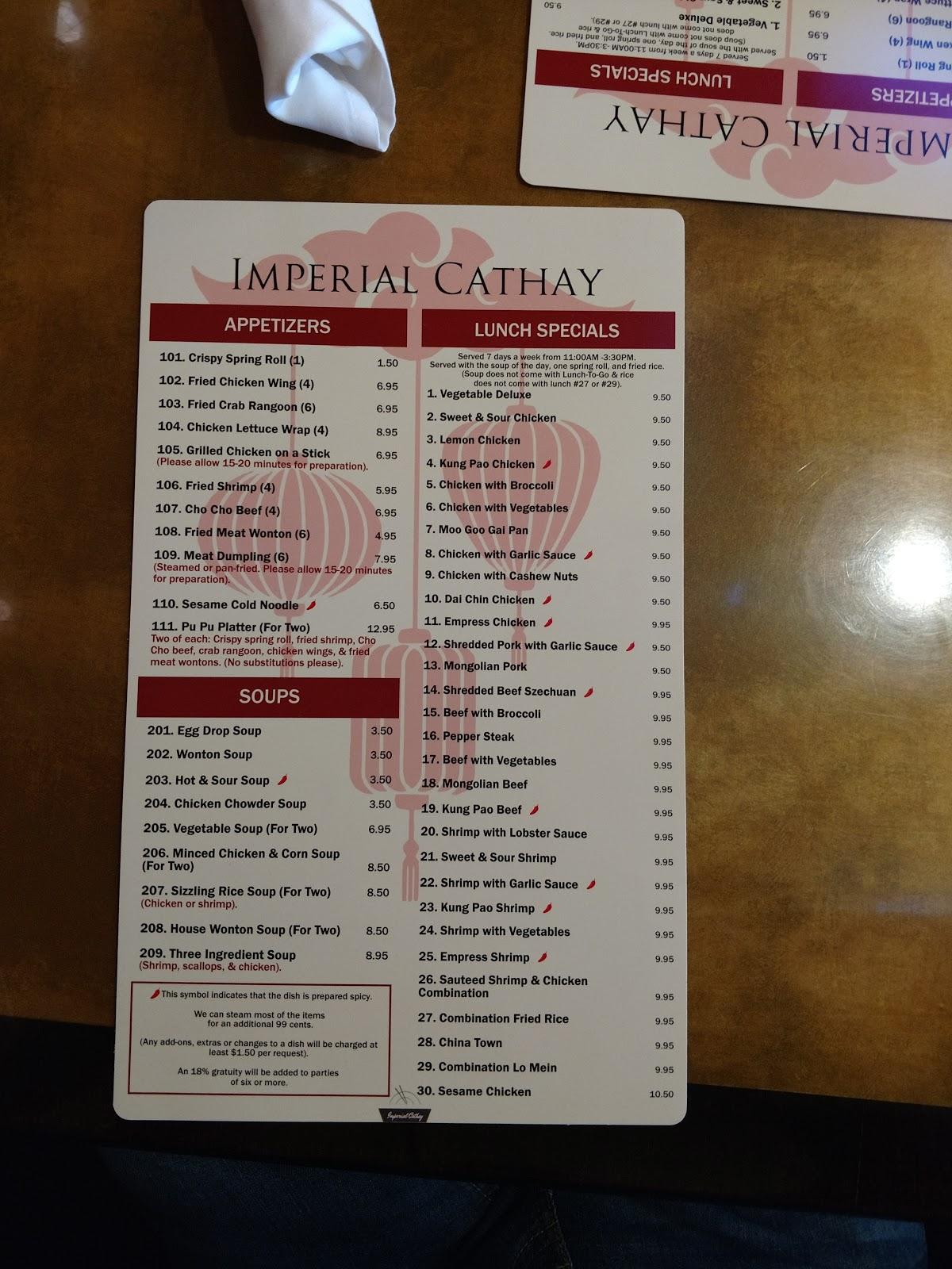 Menu at Imperial Cathay restaurant, Shreveport