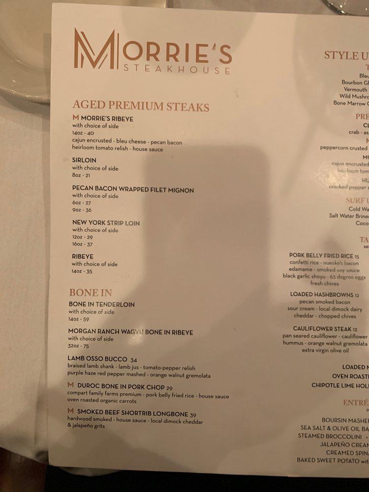 Menu at Morrie’s Steakhouse, Sioux Falls